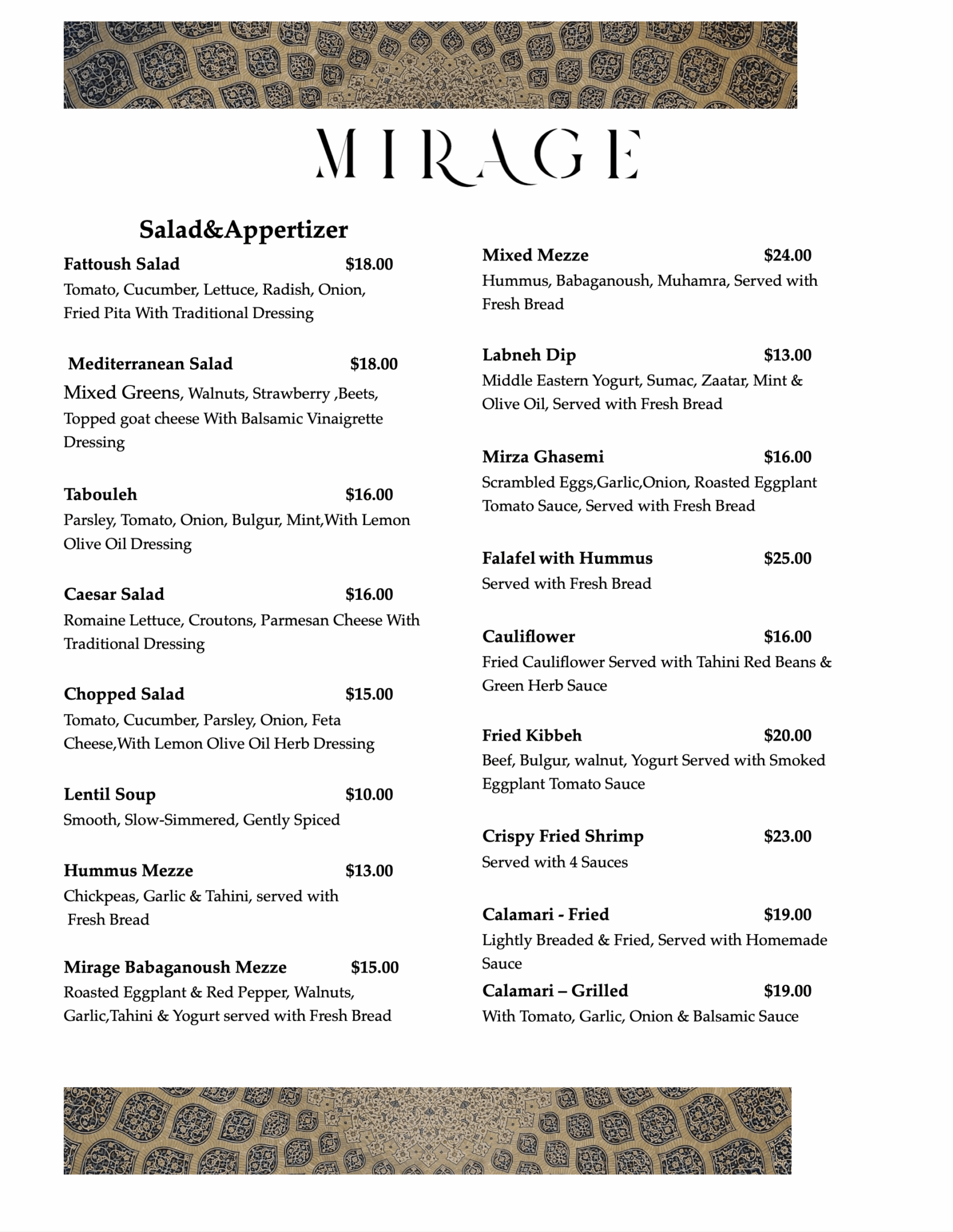 Menu Mirage – Mirage