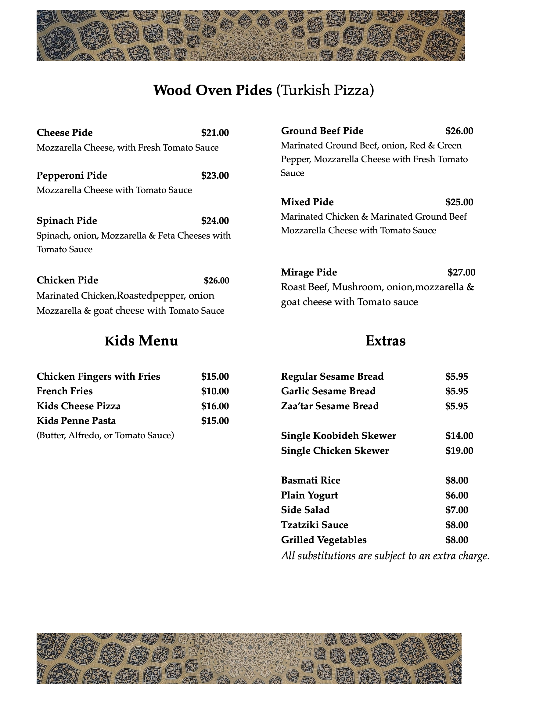 Menu Mirage – Mirage