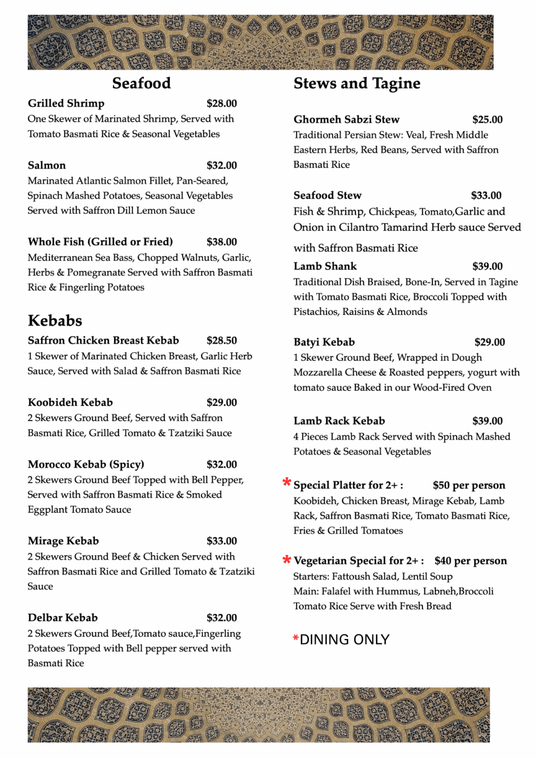 Menu Mirage – Mirage
